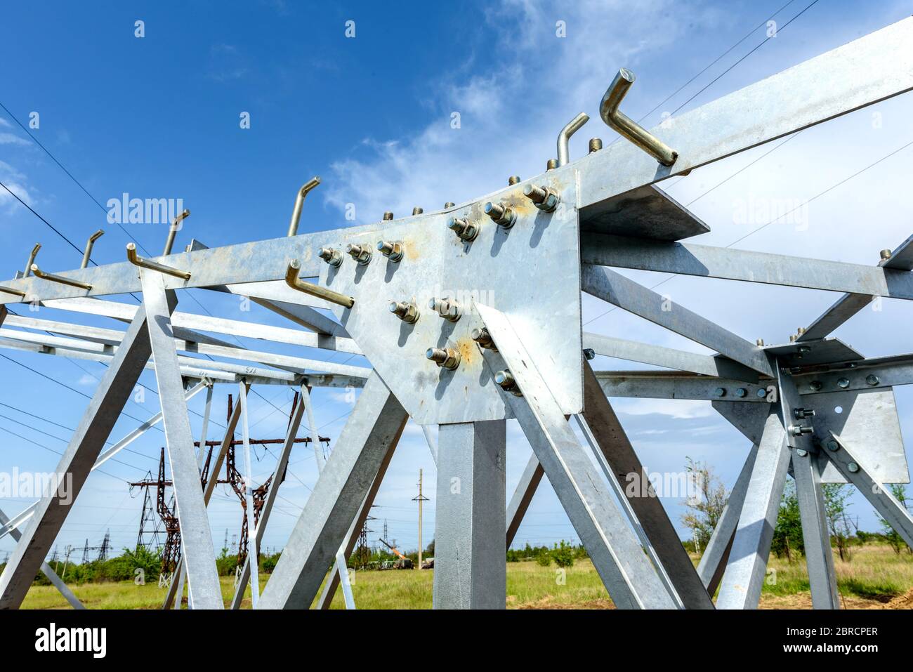High voltage electric pillar from under. A high-voltage electricity ...