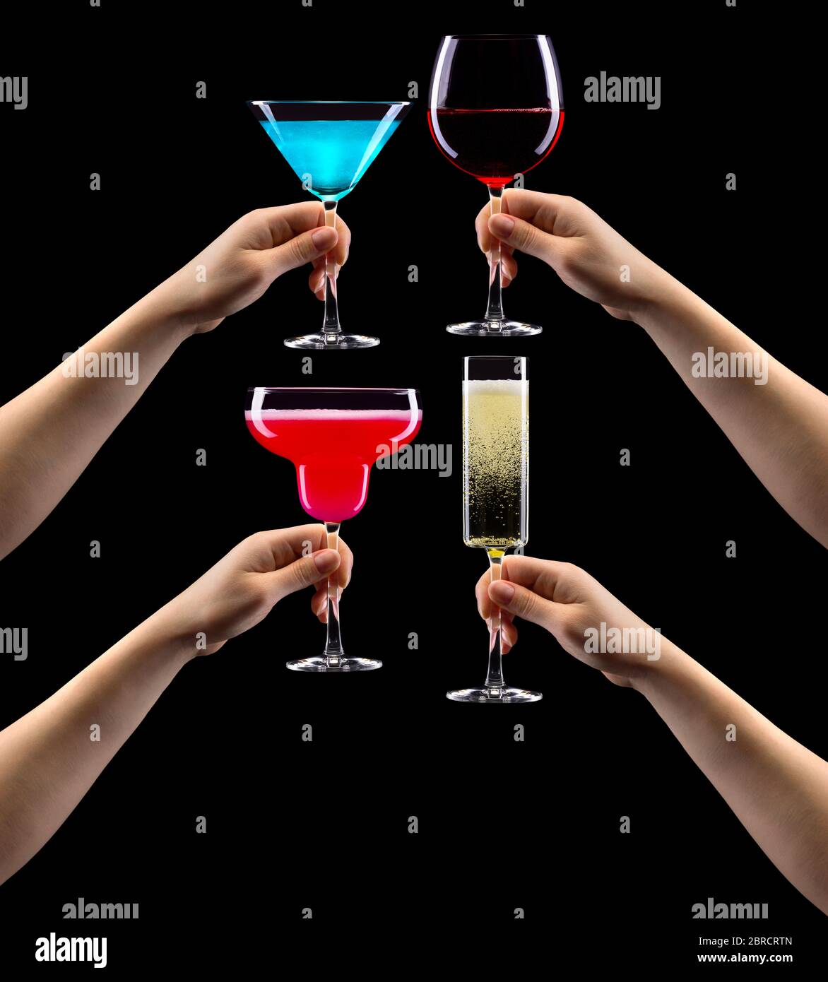 Set of hands holding cocktails isolated on black background Stock Photo ...