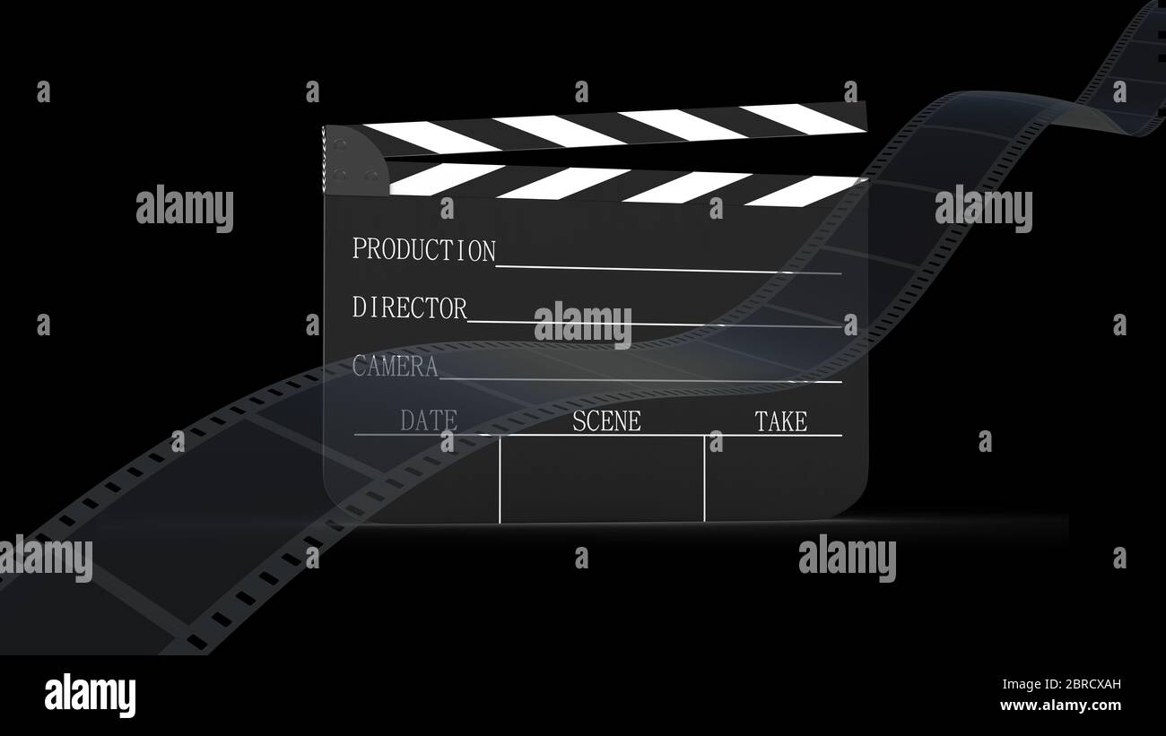 The 3d rendering of Film strip and Clapper board isolated with black ...