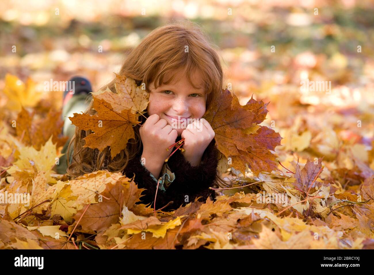 Girl with red hair and freckles lying in autumn leaves, portrait ...