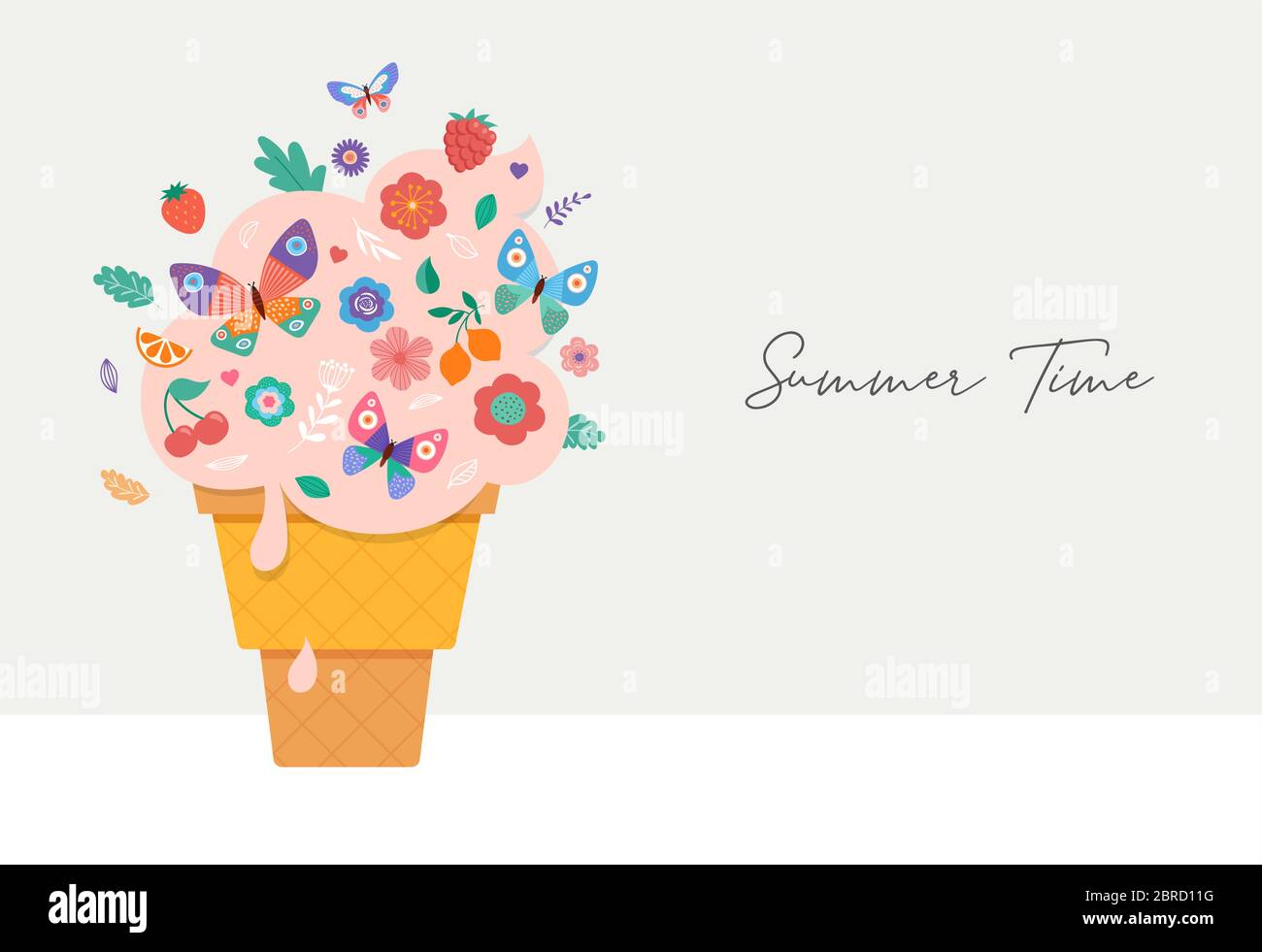 Summer scene with ice cream cone, sundae with flowers, fruits and ...