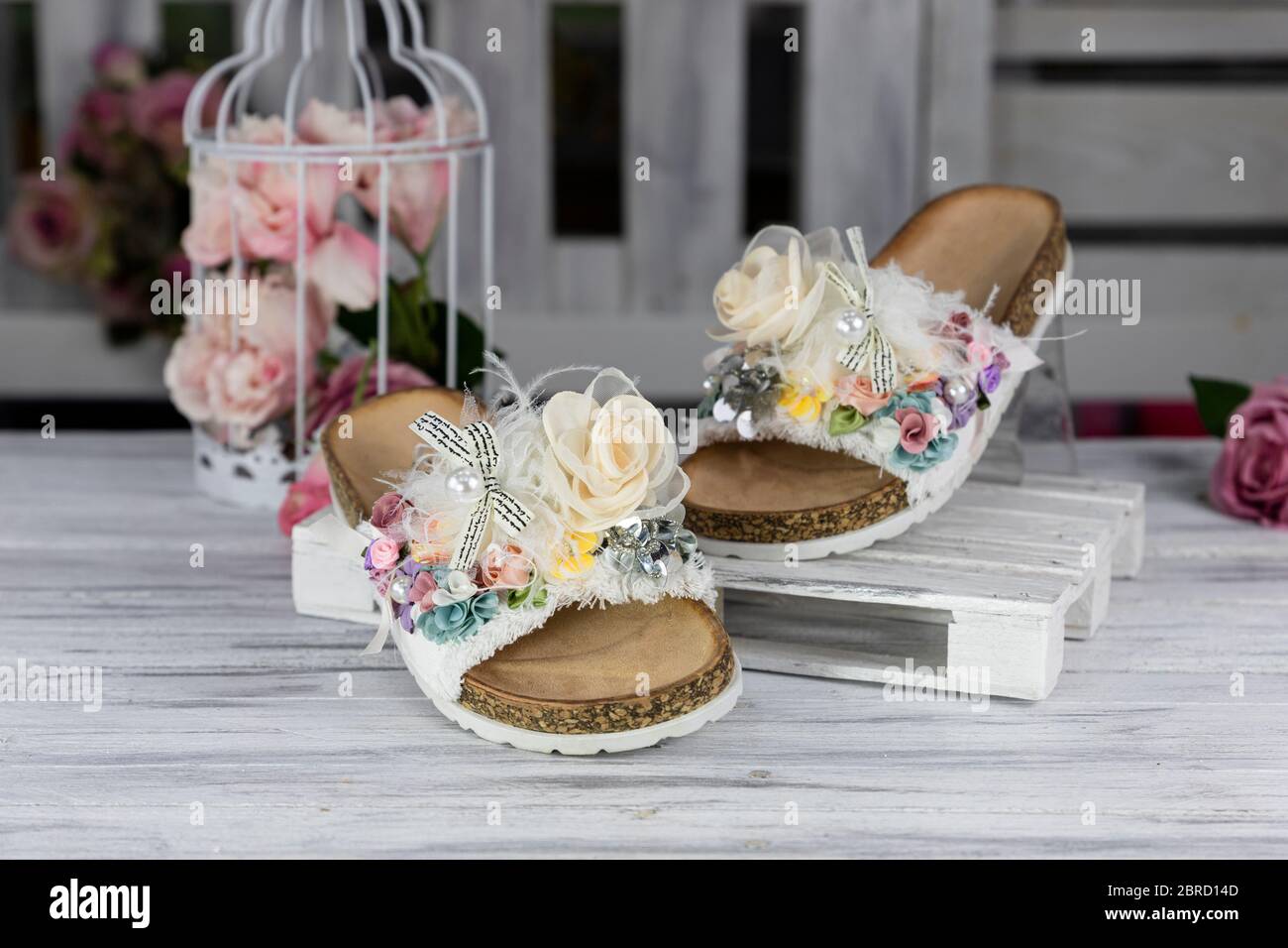 Luxury, fashionable female Slippers on rustic wooden surface Stock ...