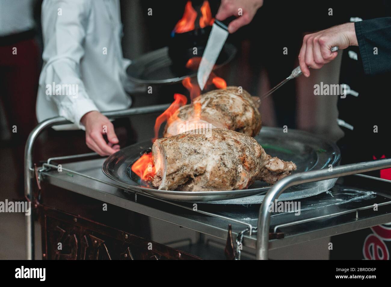 appetizing grilled meat on fire close-up. beautiful presentation of the ...