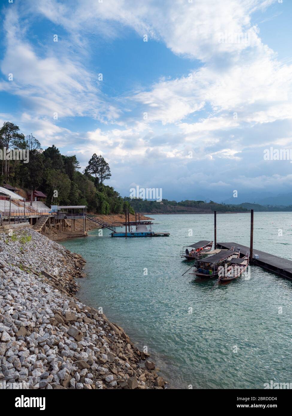 Scenic landscape of big river and reservoir dam with mountain and ...
