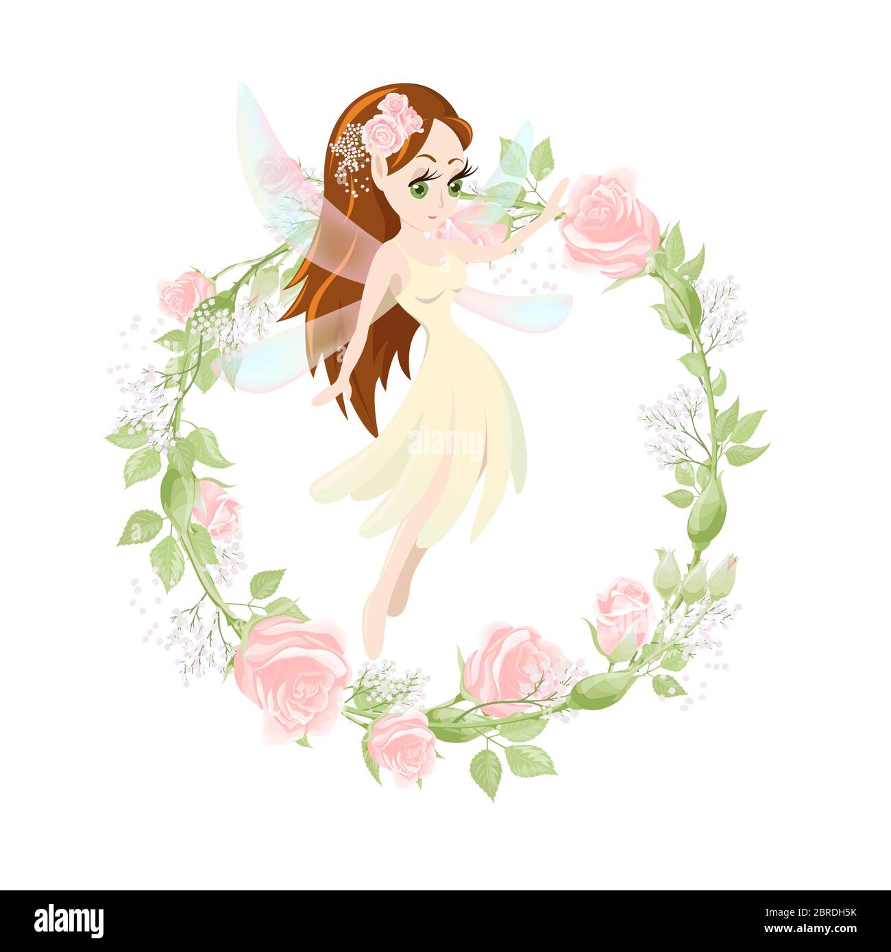 Cute little fairy tale girls in postcard wreath with cream pink rose ...