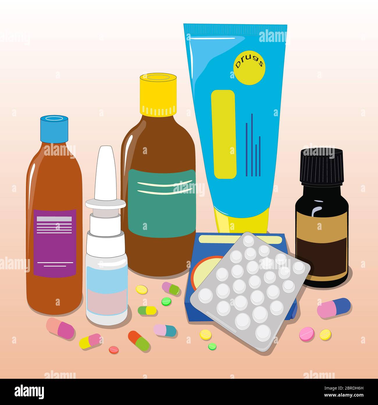 Flat drawing of medicines. Medical tablets and vials. Pharmacy. The ...