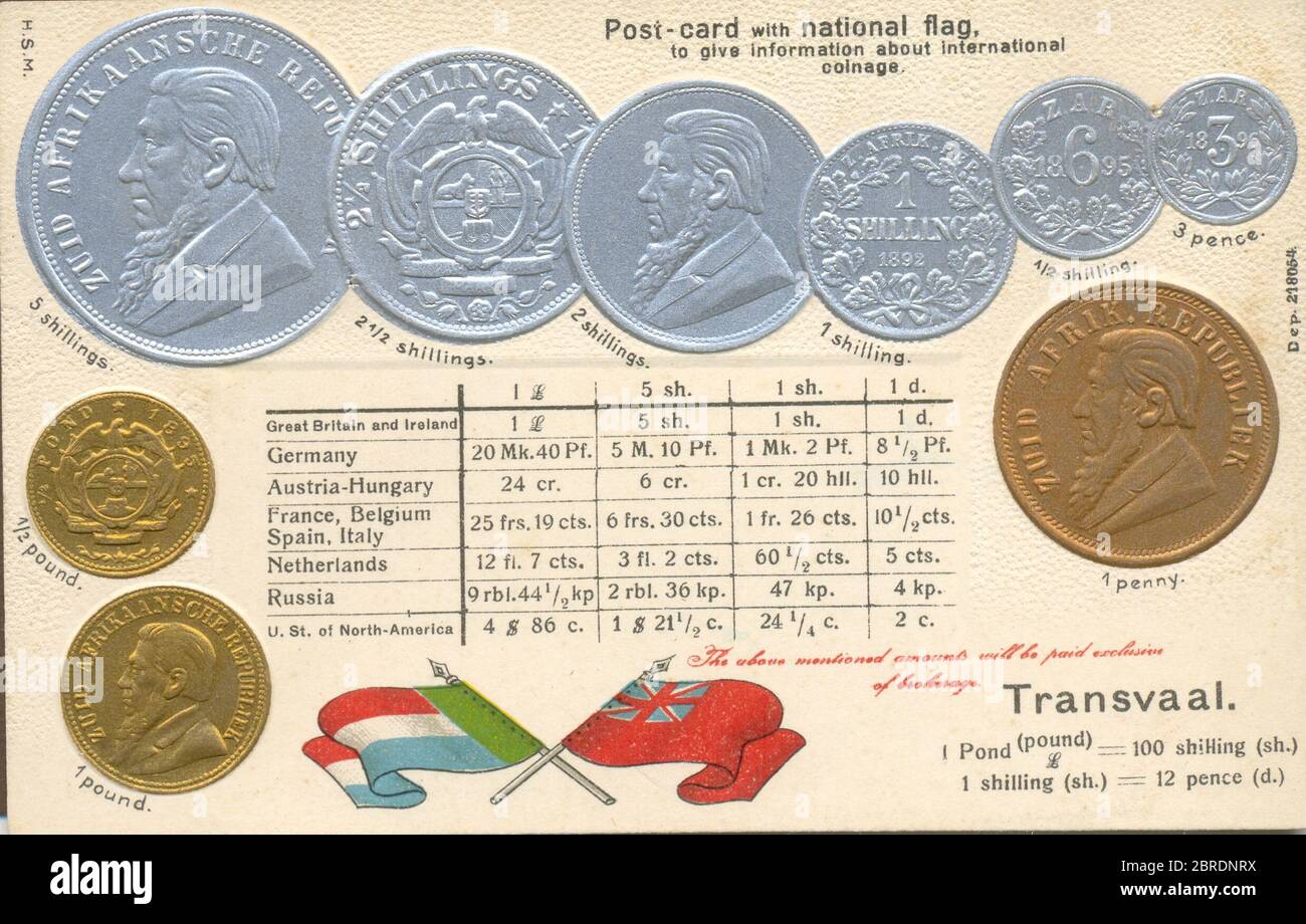 Educational postcard with national flags showing coinage for Transvaal ...