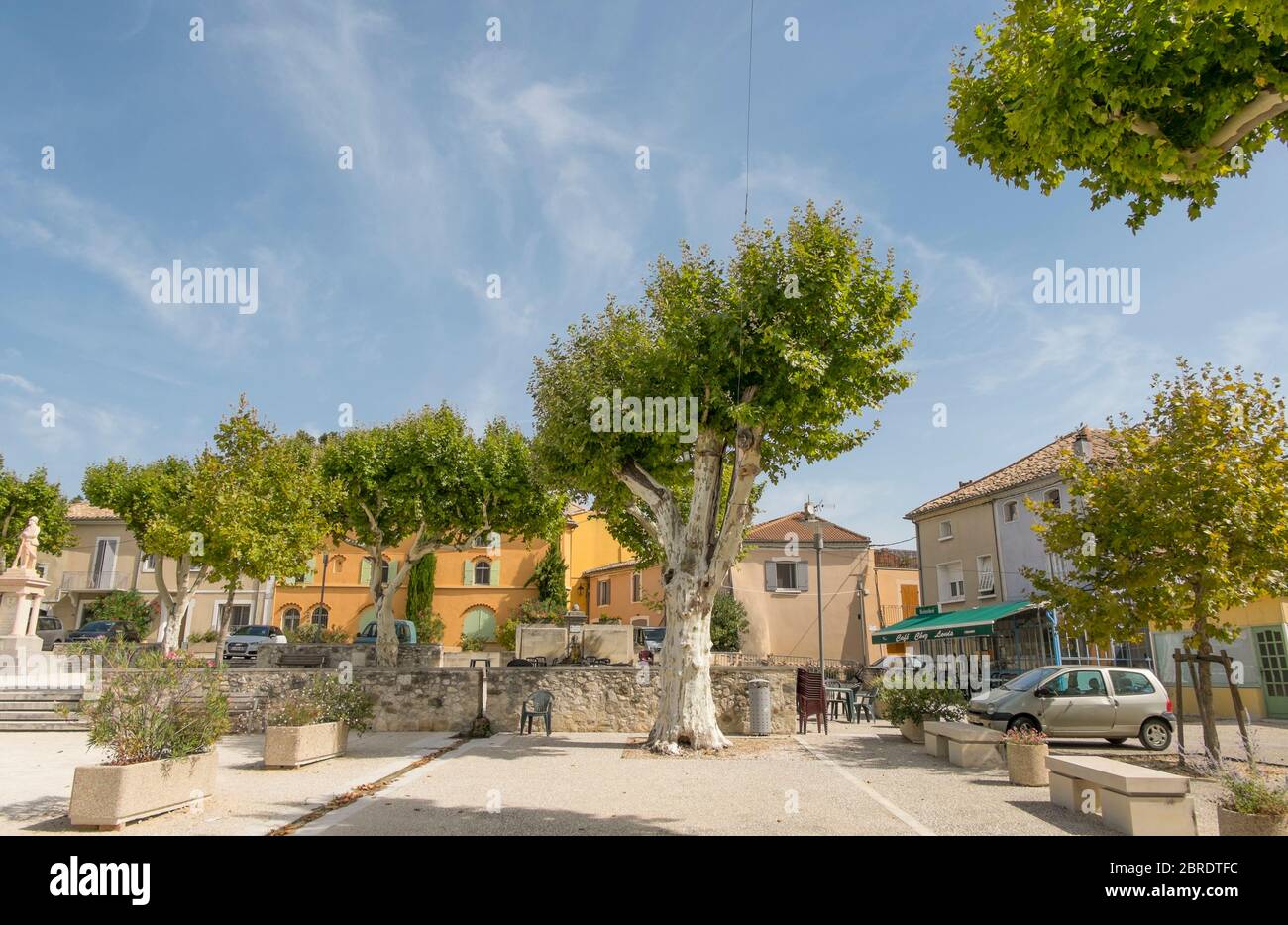 Village square with pollarded plane trees in the sleepy French village ...