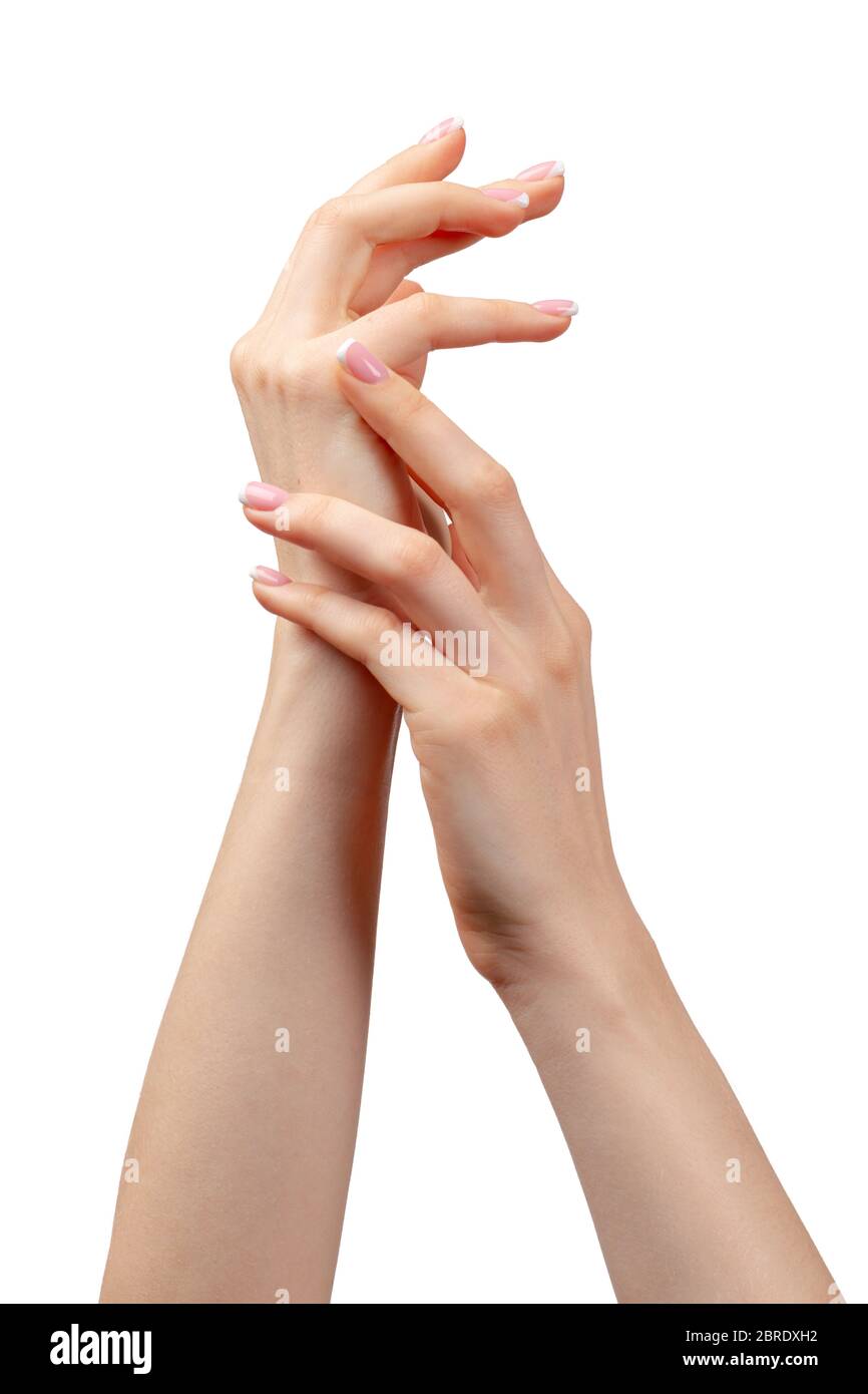 Well-groomed female hands with manicure on white background Stock Photo ...