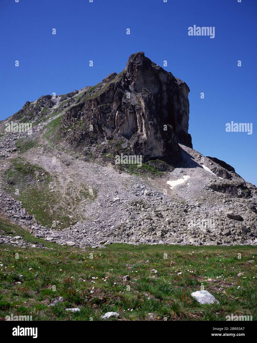 Summer view of steep rock face towering over tallus scree slopes high ...