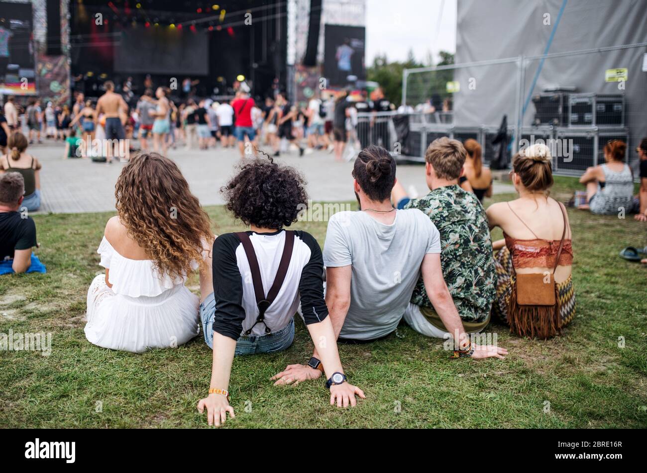 Rear view of group of young friends at summer festival, sitting on ...