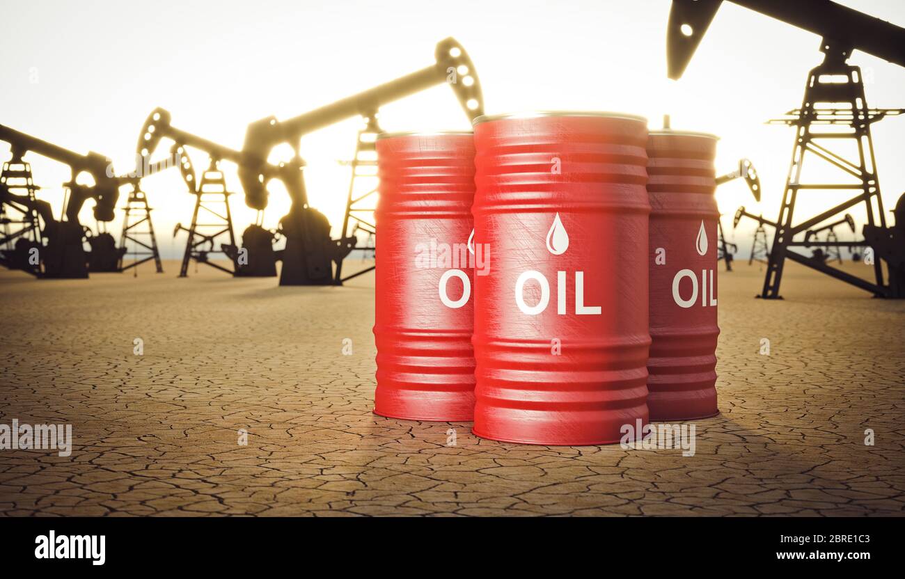 extraction pumps for desert oil and metal barrels, nobody around ...