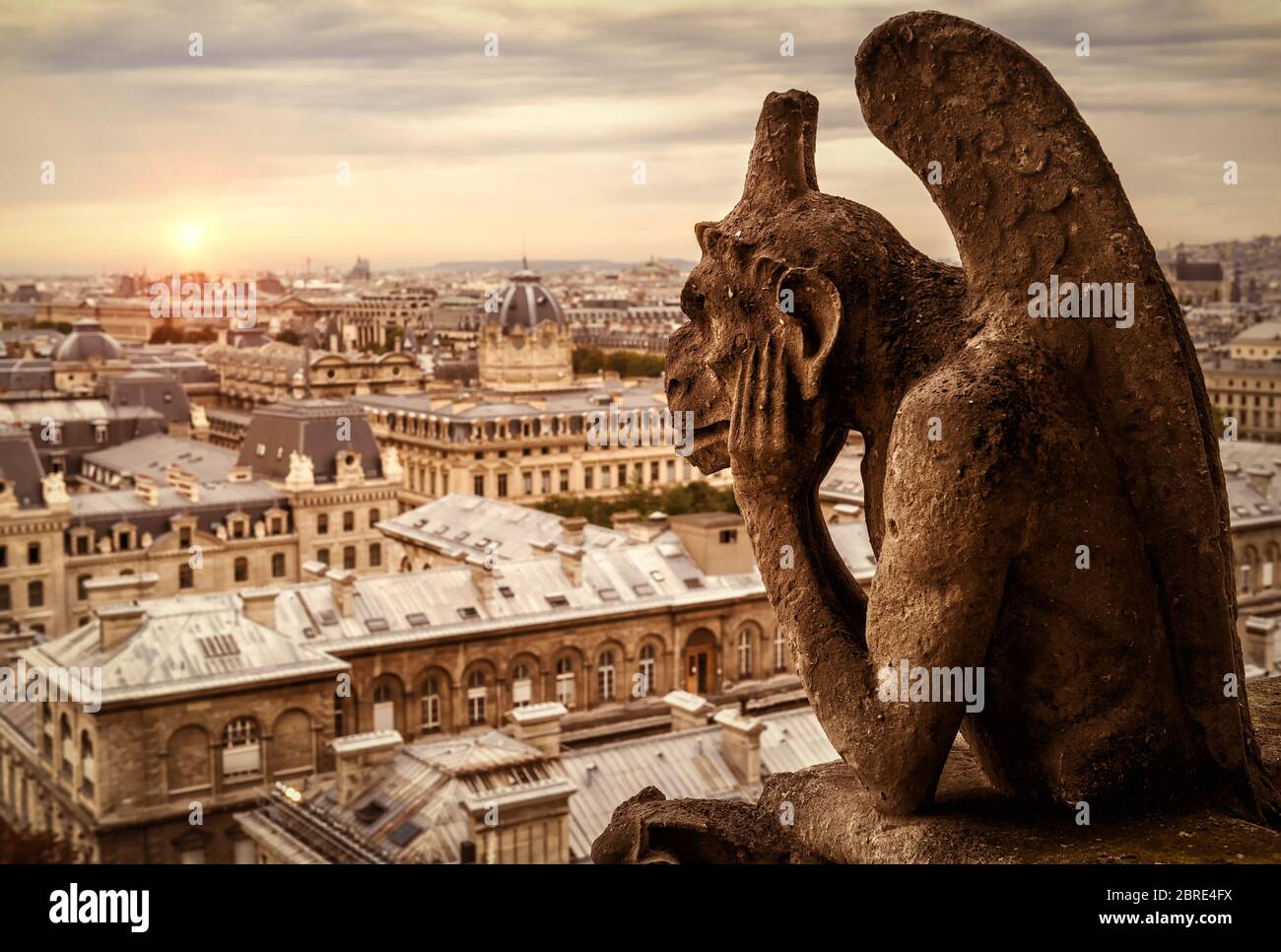 Chimera (gargoyle) of the Cathedral of Notre Dame de Paris overlooking ...