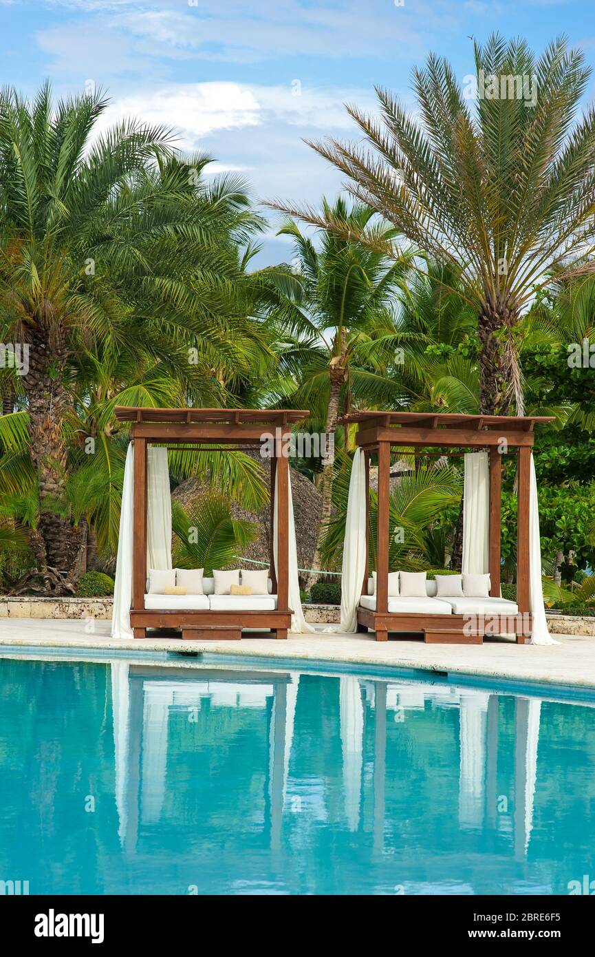 Pool bed at the blue swimming pool in Tropical Paradise. Dominican ...