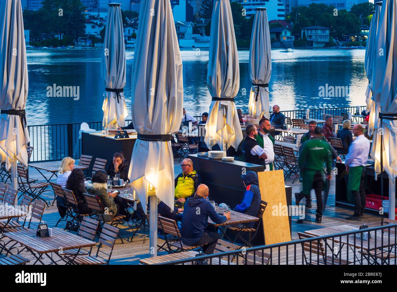 Wien, Vienna: river Alte Donau (Old Danube), floating restaurant ...