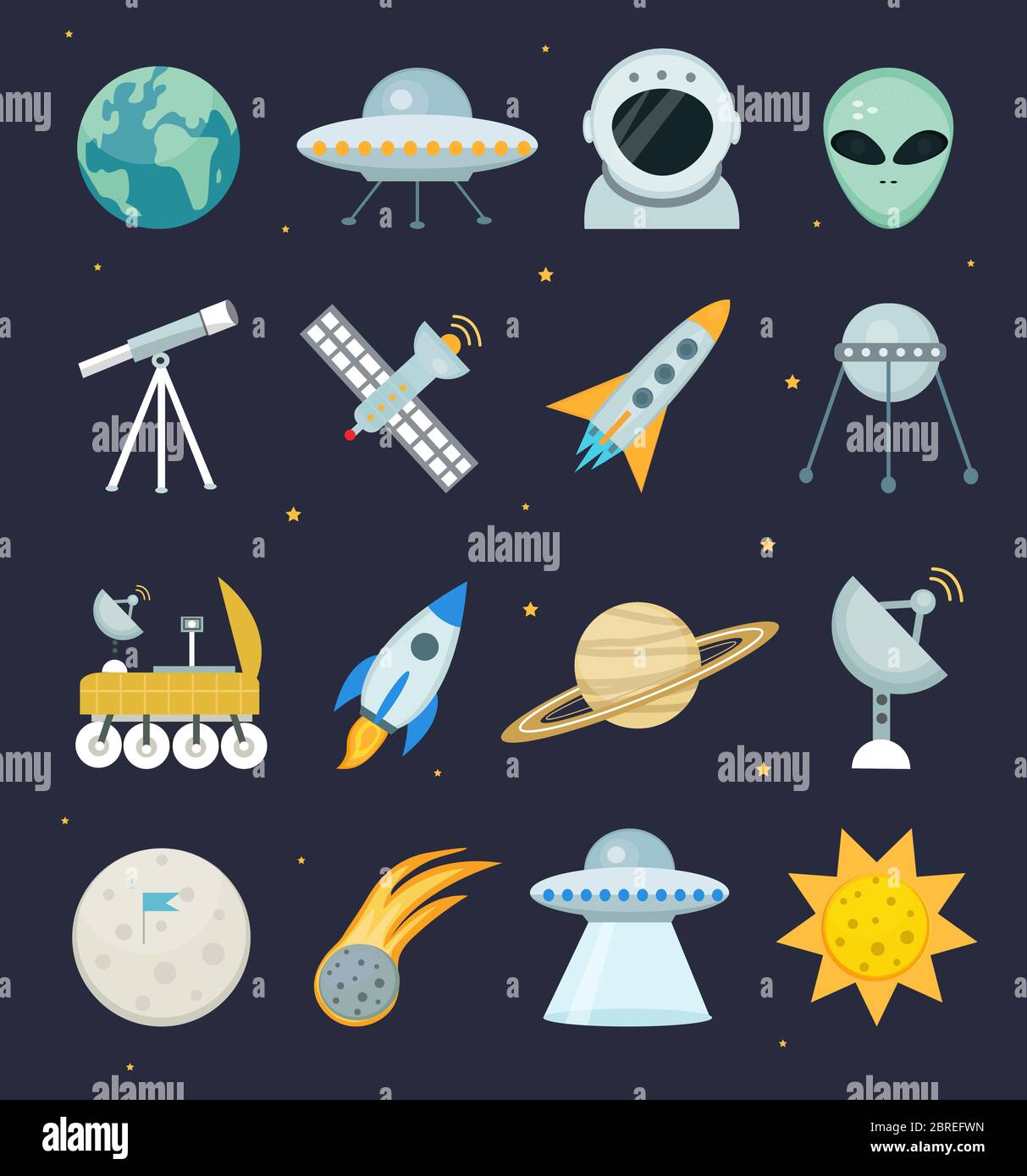 Space icon set flat style.Astronomical Cosmos collection with telescope, moon rover, saturn ...