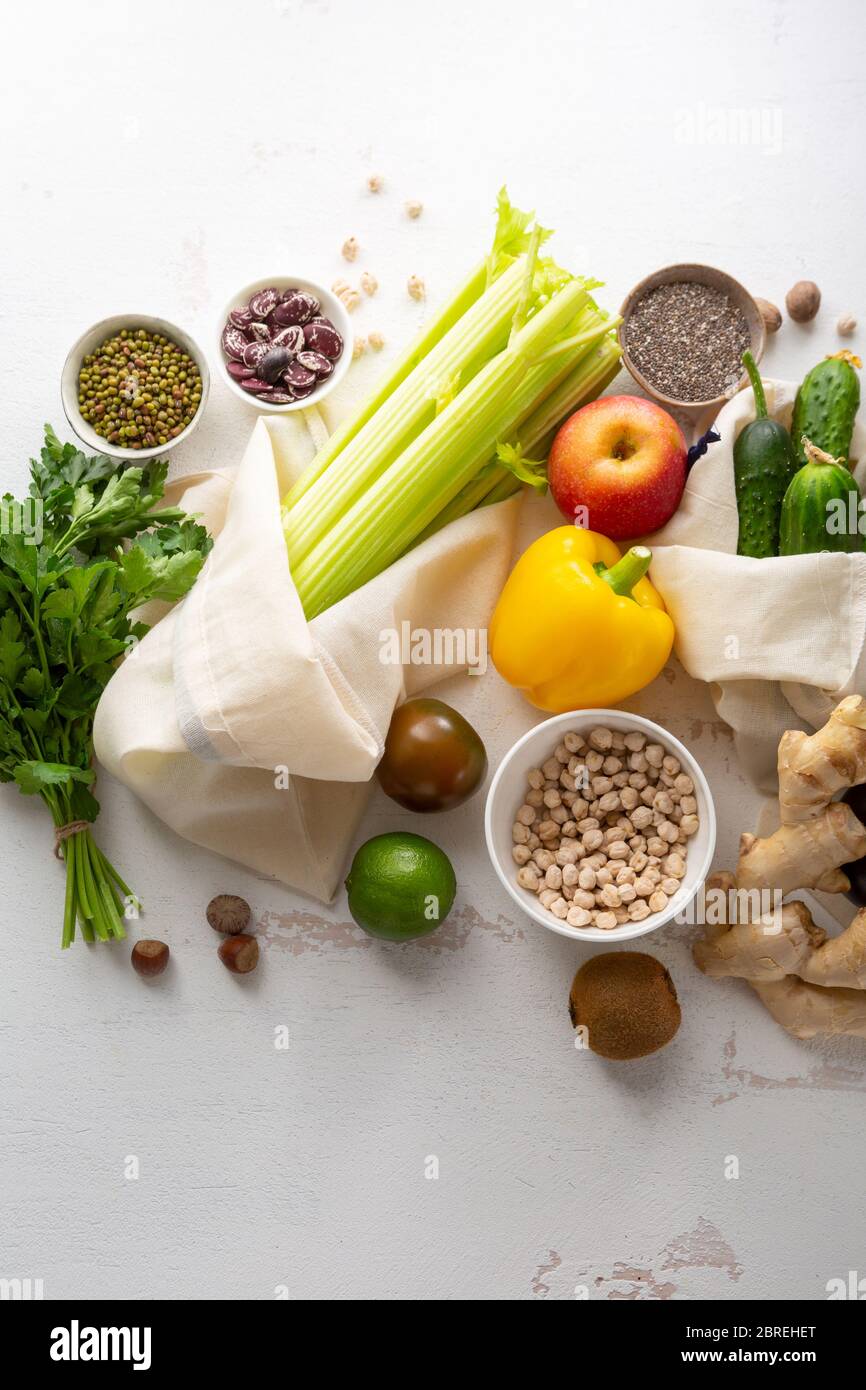 White table with healthy food Stock Photo - Alamy