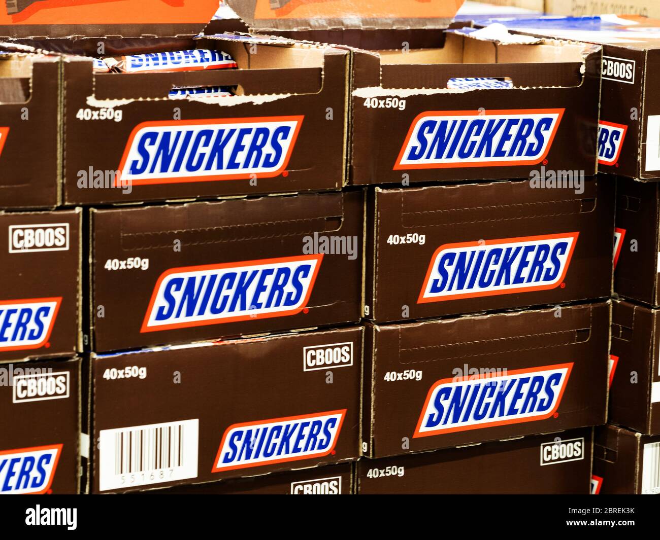 Boxes of Snickers Chocolate Bars seen displayed on a supermarket store ...