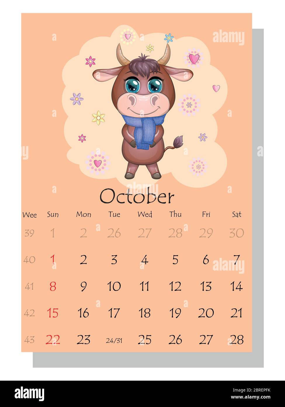Calendar 2021. Cute bull and cow for every month Stock Vector Image ...