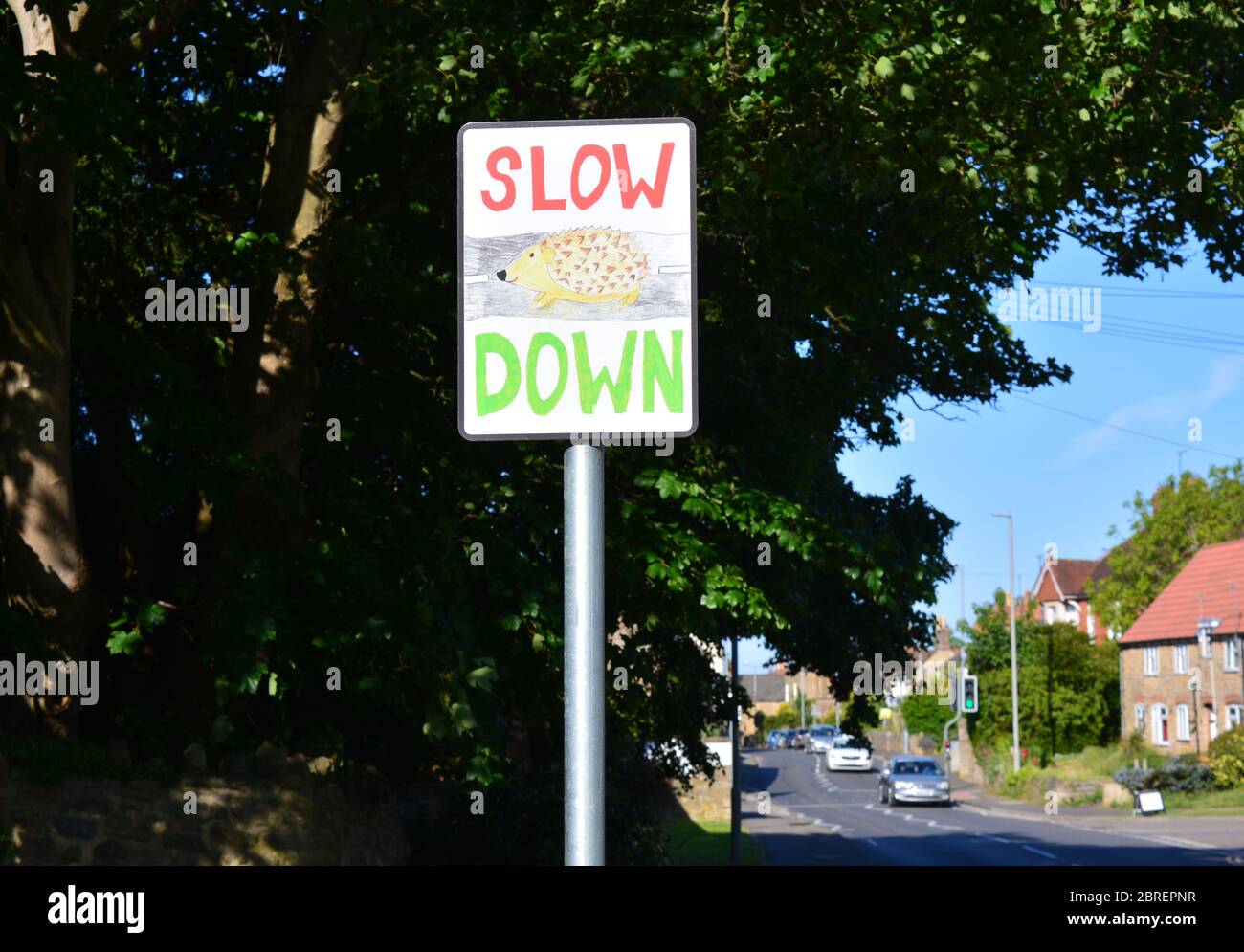 Child's hand drawn Slow Down sign with a hedgehog, next to the A30 road ...