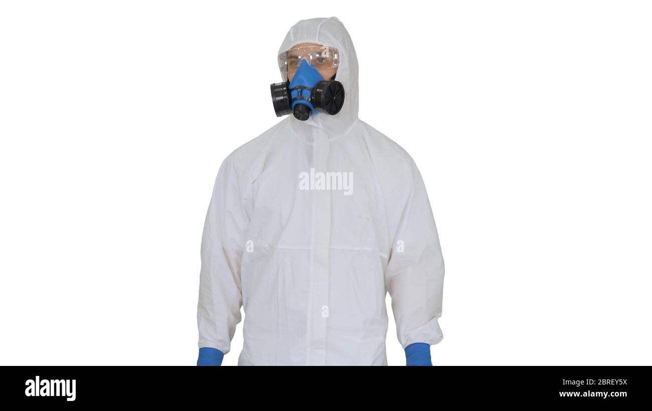 Virologist Man in Protective Costume checking the situation on white ...