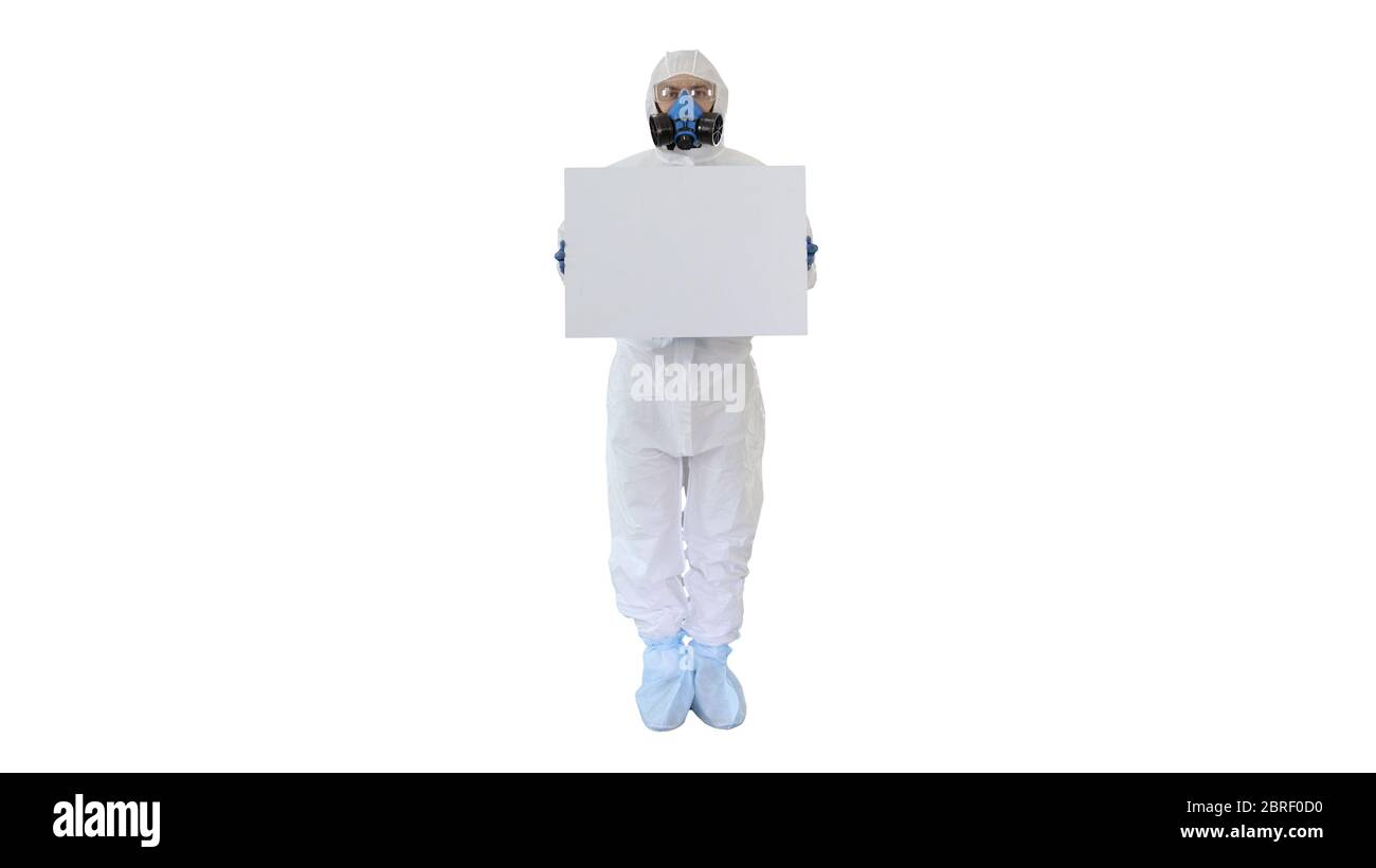 Lab scientist in safety suit holding empty white board on white ...
