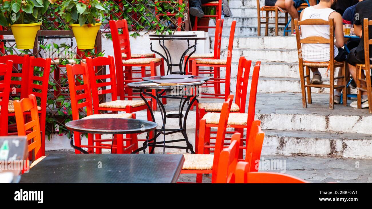 traditional Greek restaurant tables summer holiday concept Stock Photo ...