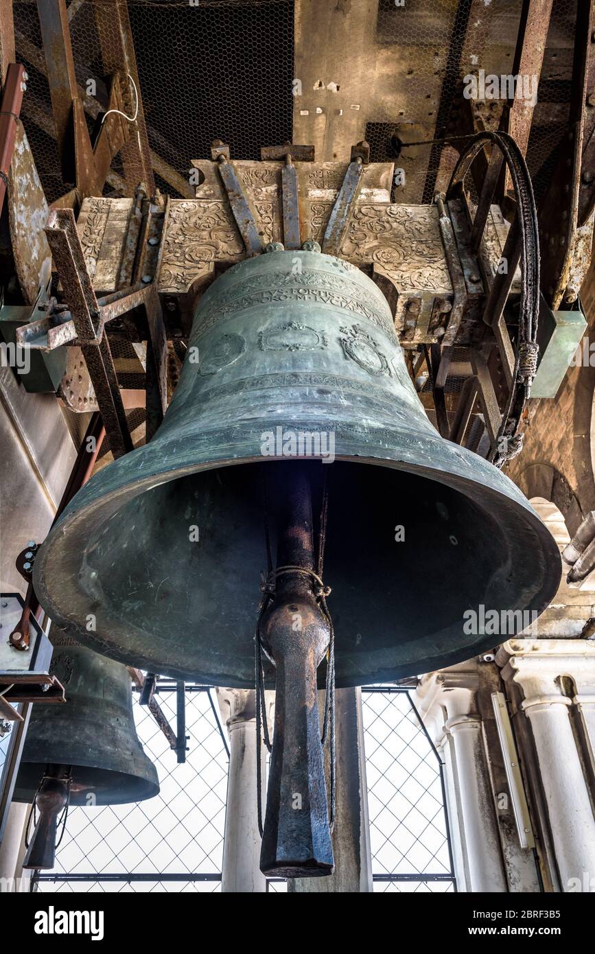 Bell of the St Mark's Campanile (San Marco), Venice, Italy. Ancient big ...
