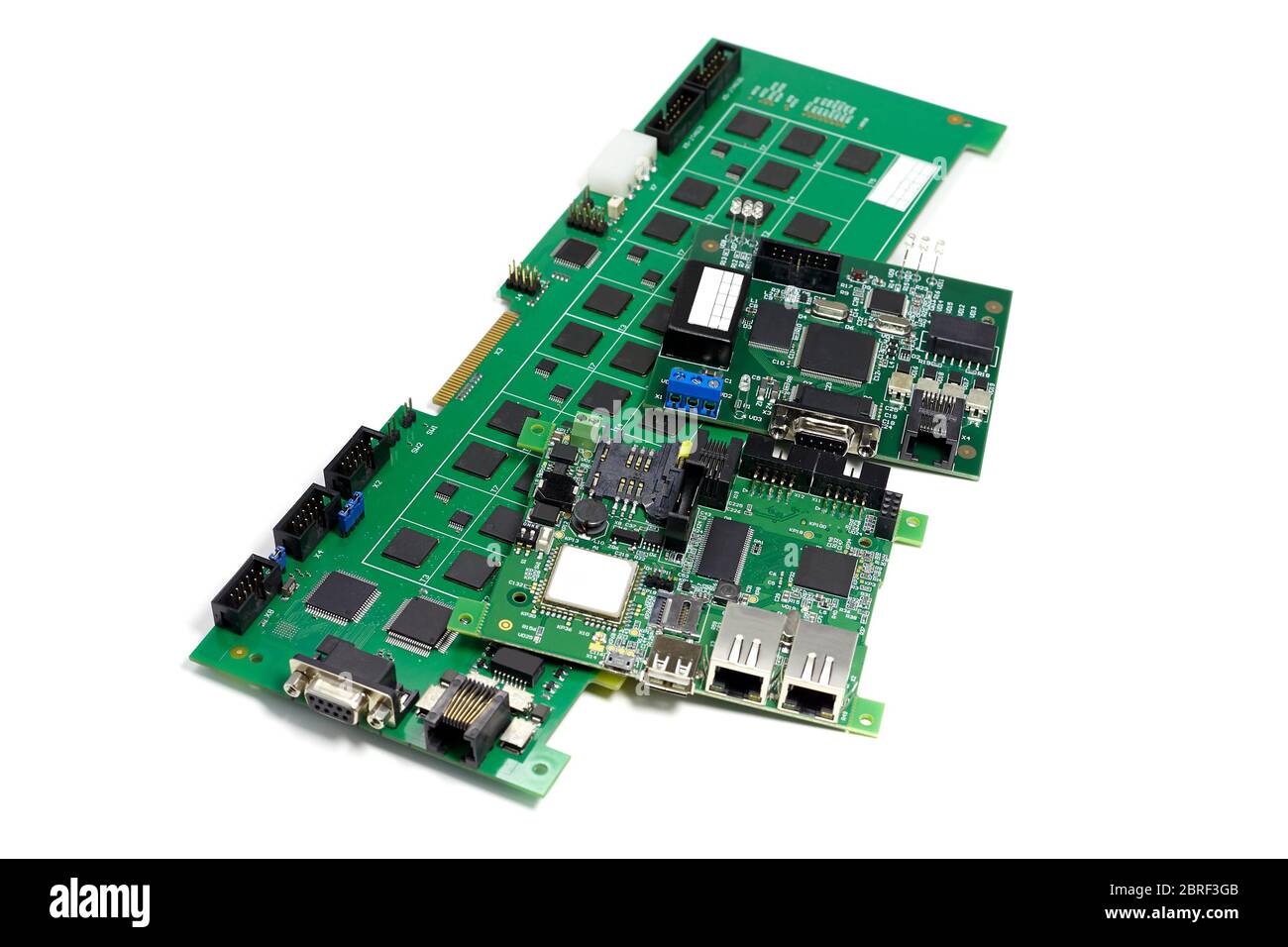 Set of electronic printed circuit boards with microchips and other ...