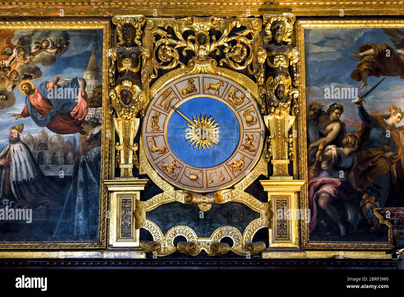 Venice, Italy - May 20, 2017: Ancient clock with Zodiac signs in Doge`s ...