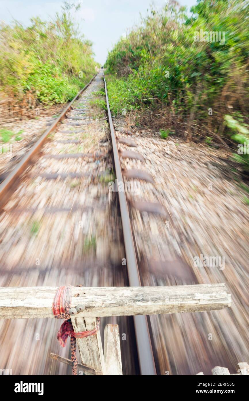 Travelling on a norry down the Bamboo train tracks at Battambang ...