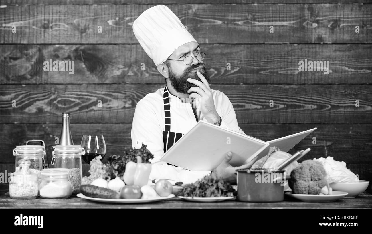 Culinary arts concept. Man learn recipe. Try something new. Cookery on ...