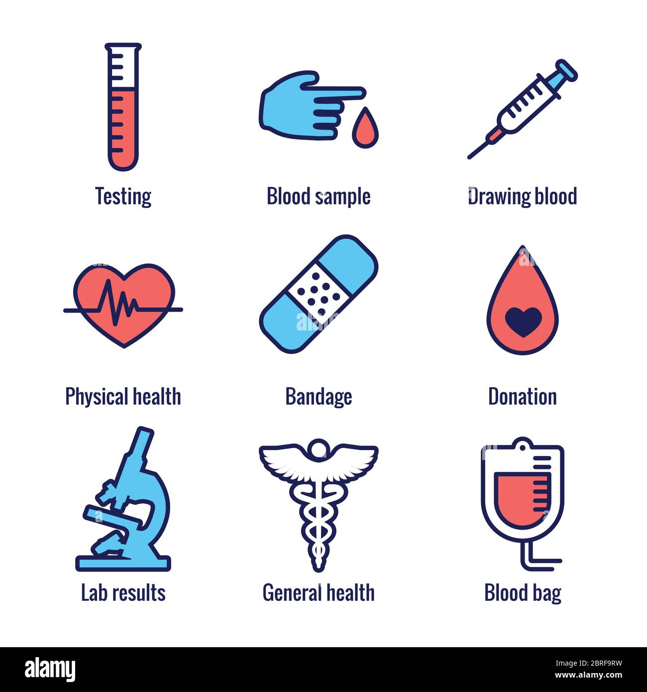 Blood testing & work icon set with syringe, donation, and blood sample ...