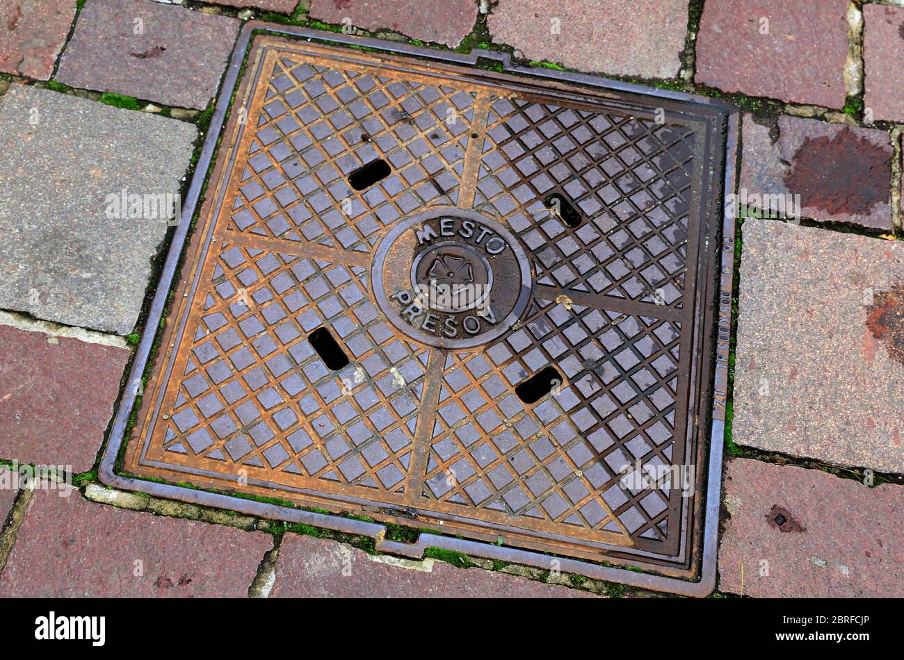 manhole cover on pavement. Take it in Preshov city in Slovakia Stock ...