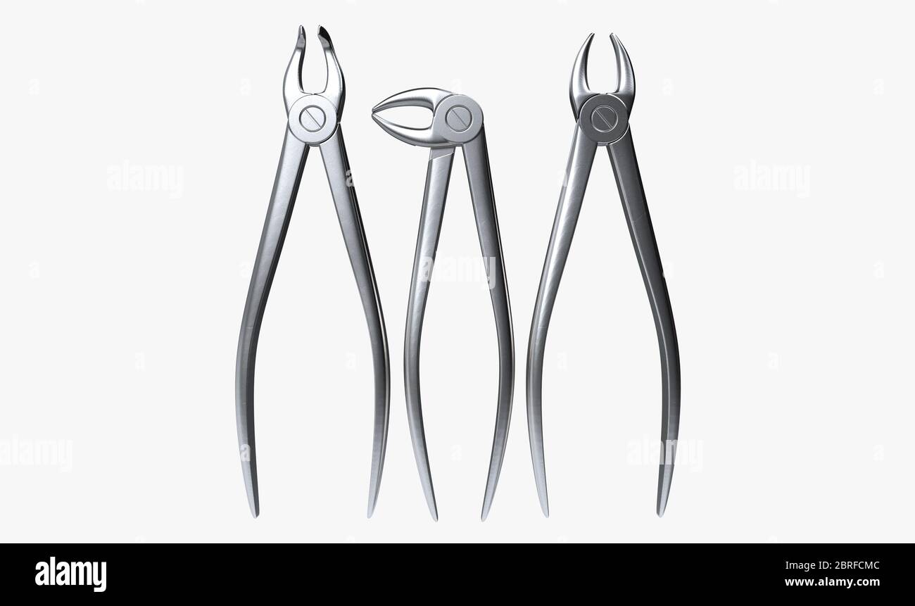 A set of various steel dentists plier tools on an isolated white studio ...