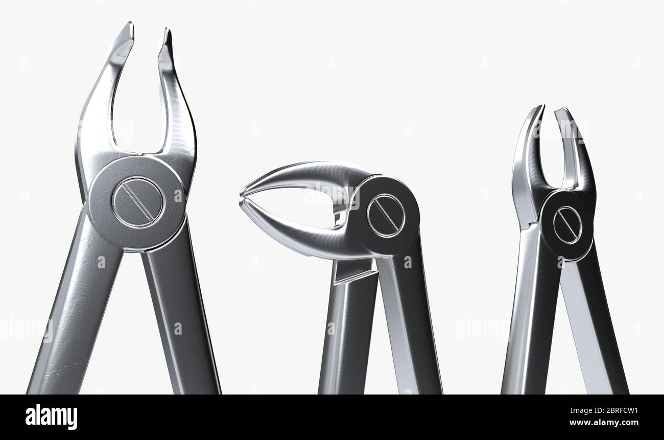 A set of various steel dentists plier tools on an isolated white studio ...