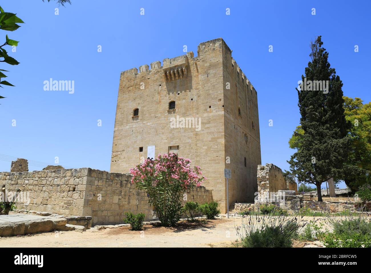 landscape with ruine of ancient Kolossi tower near Limassol city in ...