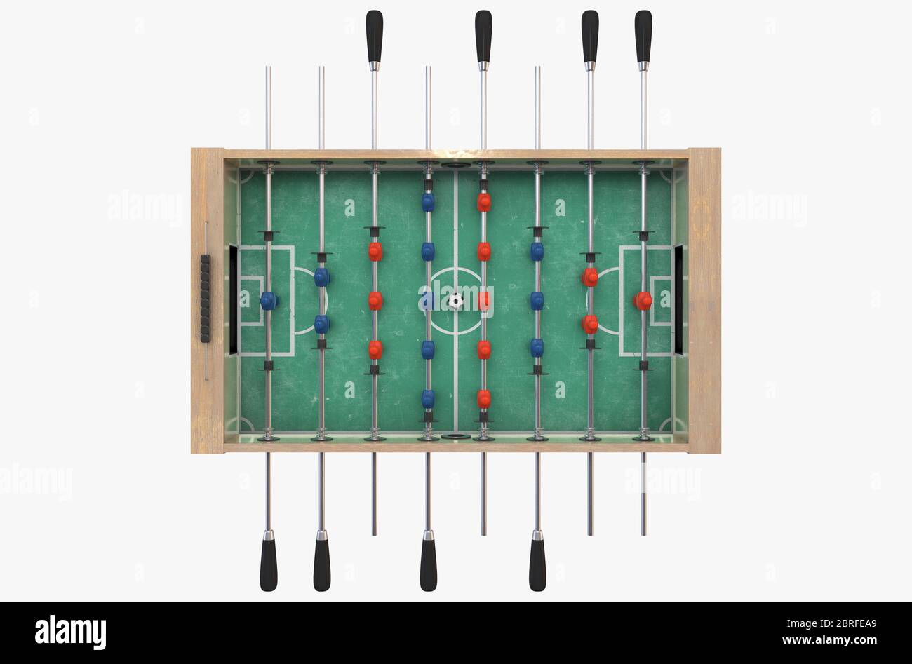A full view of a wooden foosball table with teams in red and blue on an ...