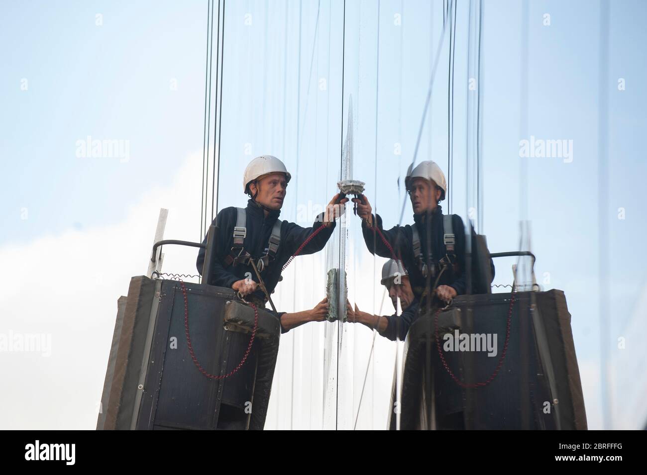 Two male window cleaners clean, and are reflected in, the outside glass ...