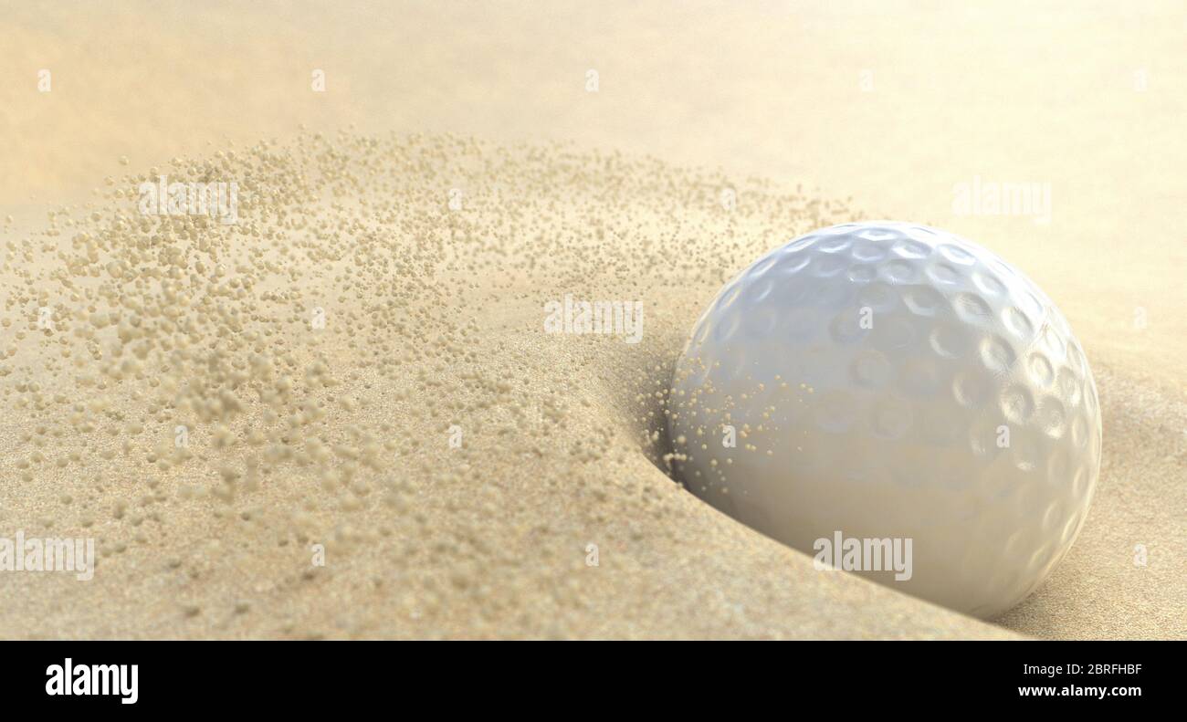 An extreme action close up of a golf ball impacting sand in a bunker ...