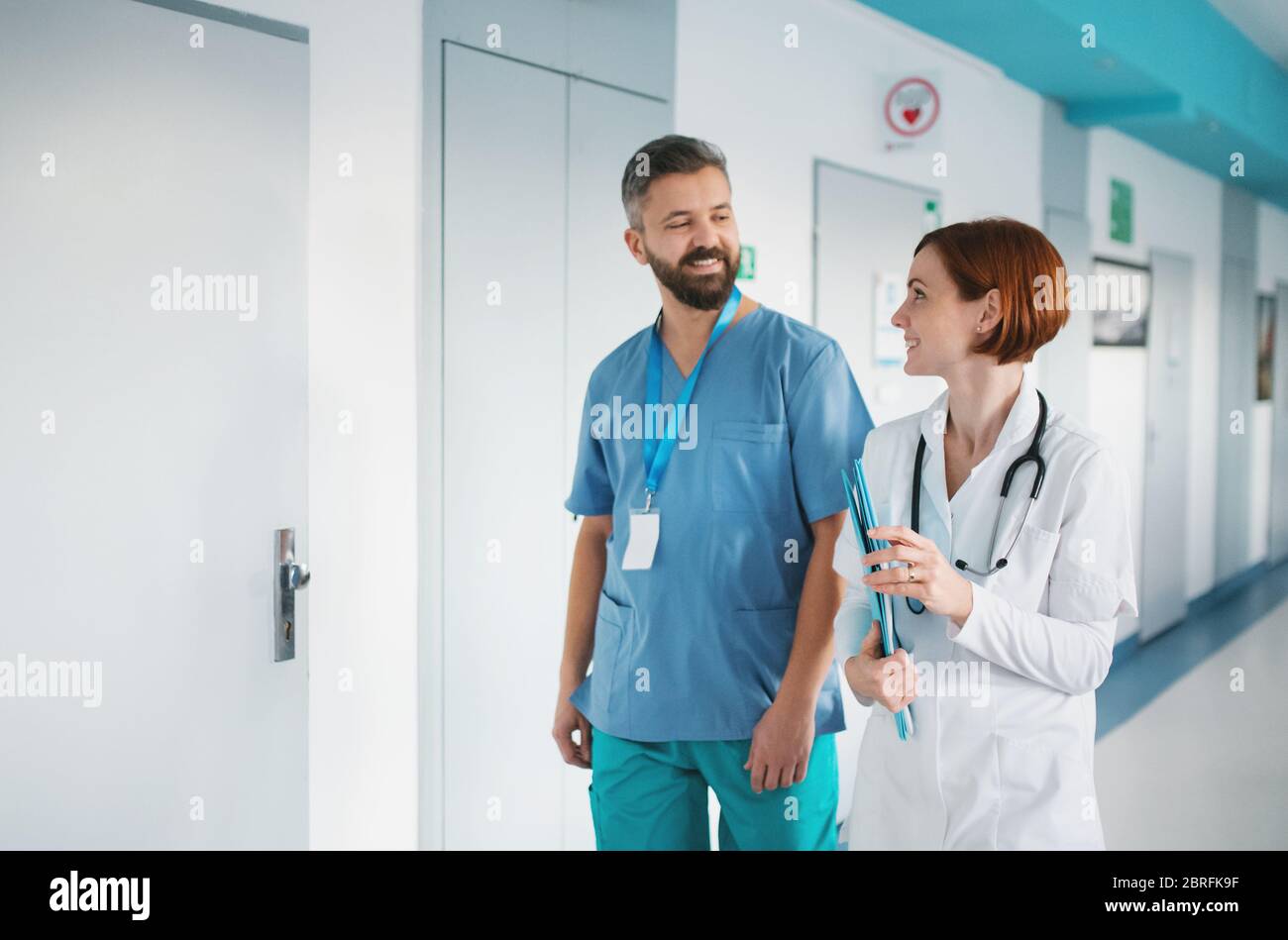 Portrait of man and woman doctor walking in hospital, talking Stock ...