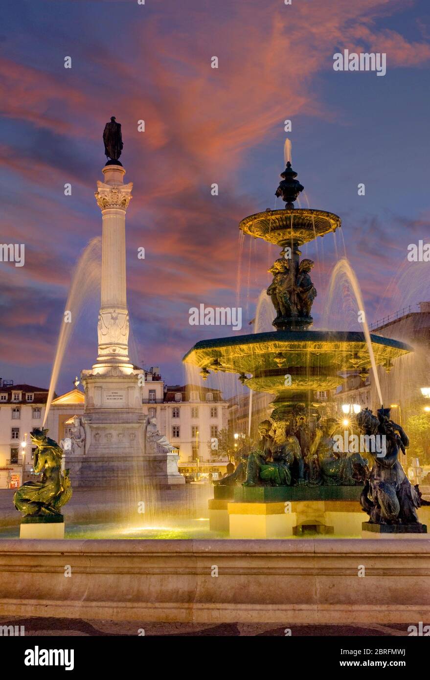 Portugal, Lisbon, Rossio square, fountains and statue to Dom Pedro IV ...