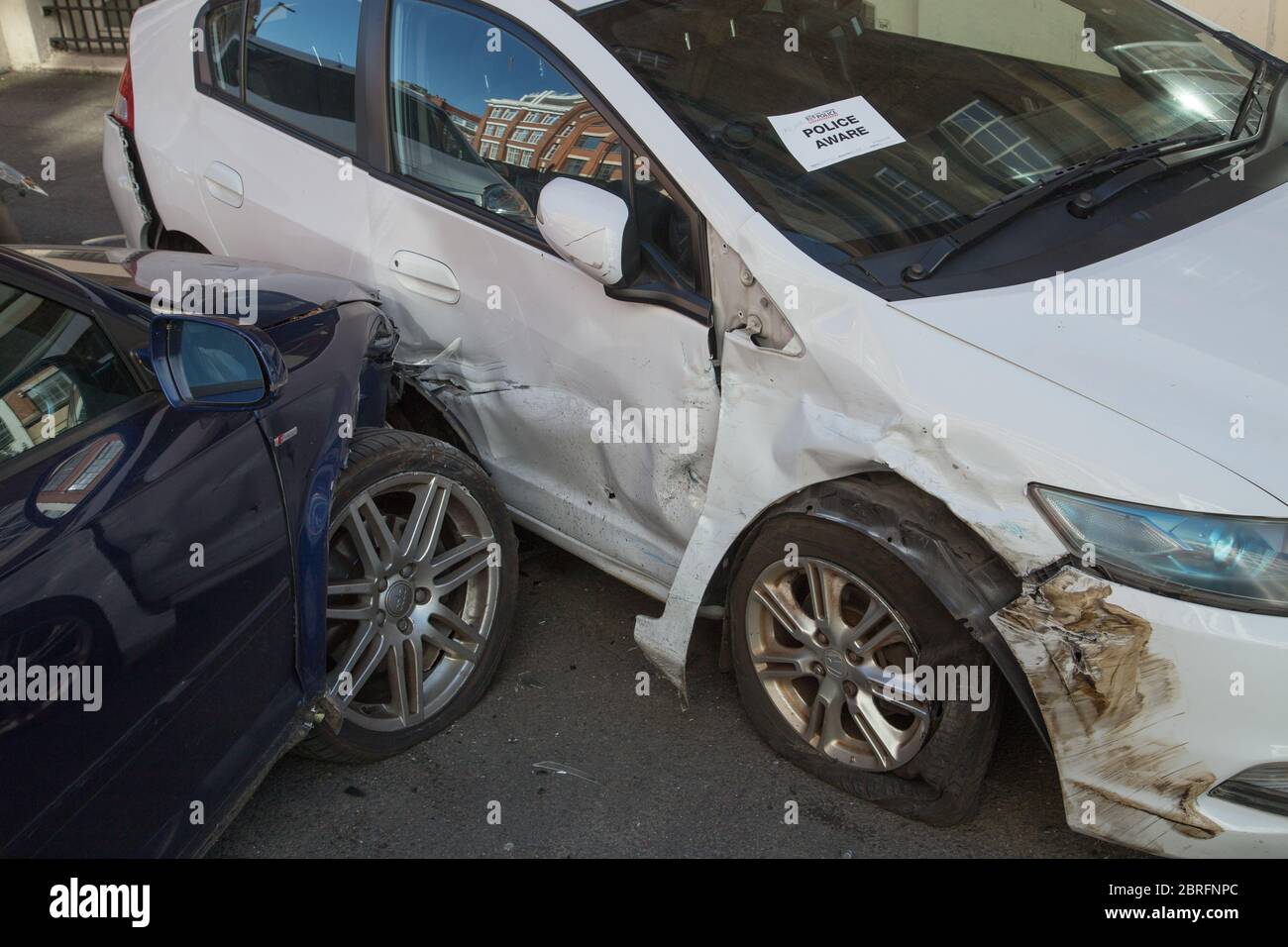Car crash site in central London with two cars severely damaged from ...