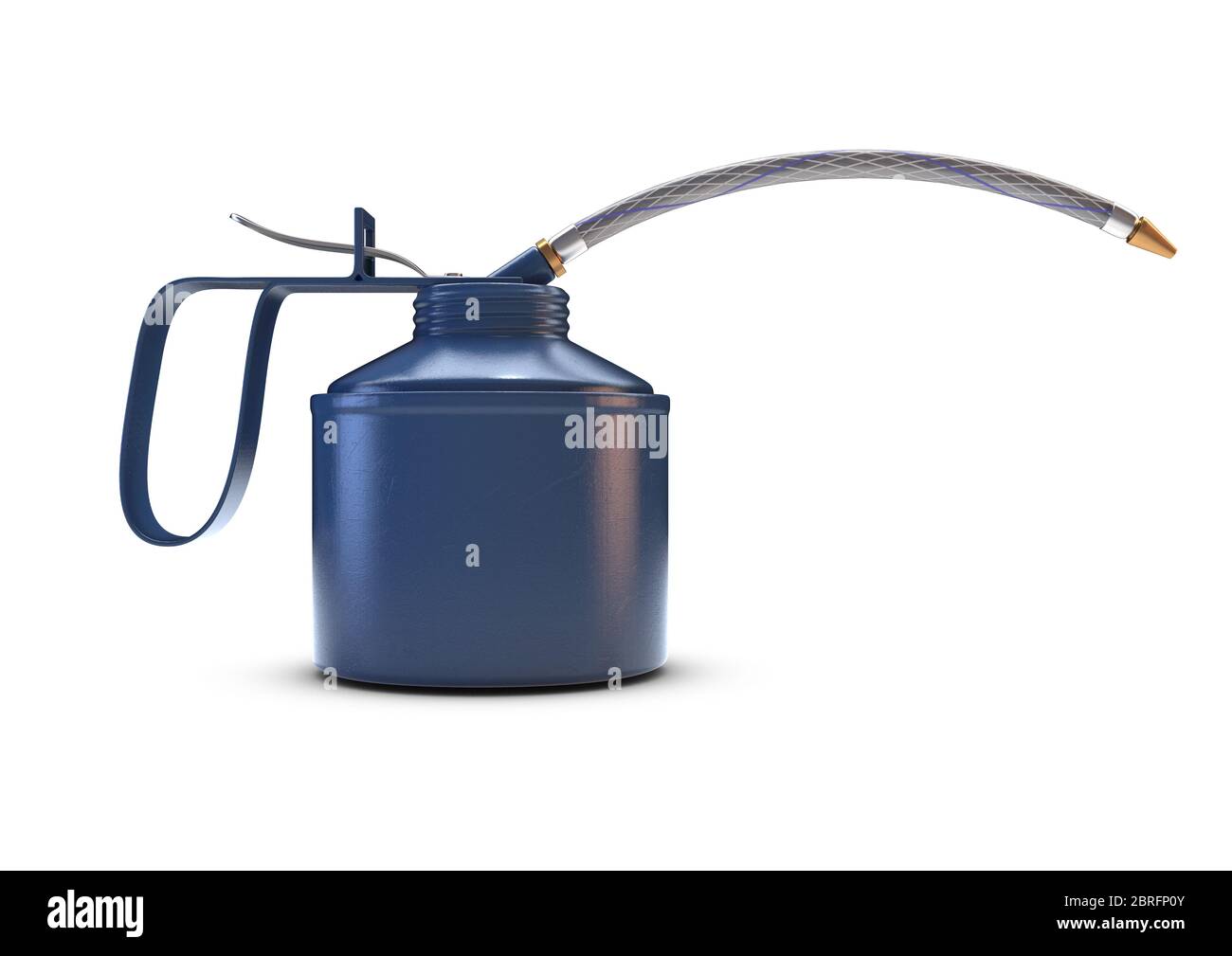 A regular vintage blue oil can with a long braided hose nozzle on an ...