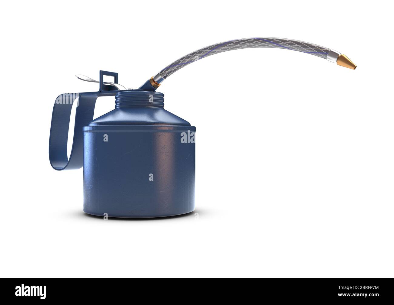 A regular vintage blue oil can with a long braided hose nozzle on an ...
