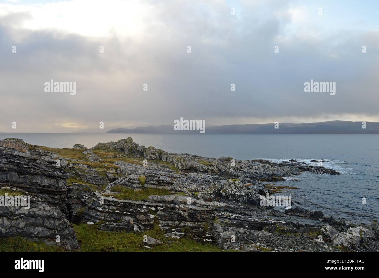 Views across sound of Mull to Isle of Mull from Kilchoan on a misty ...