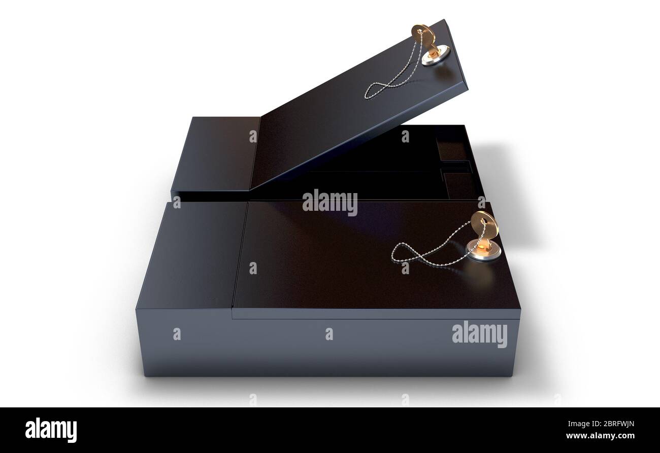 An open and closed black bank safe deposit box with a key in the ...