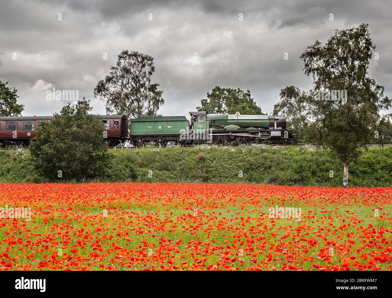 Landscape side view of vintage UK steam train Raveningham Hall 6960 ...