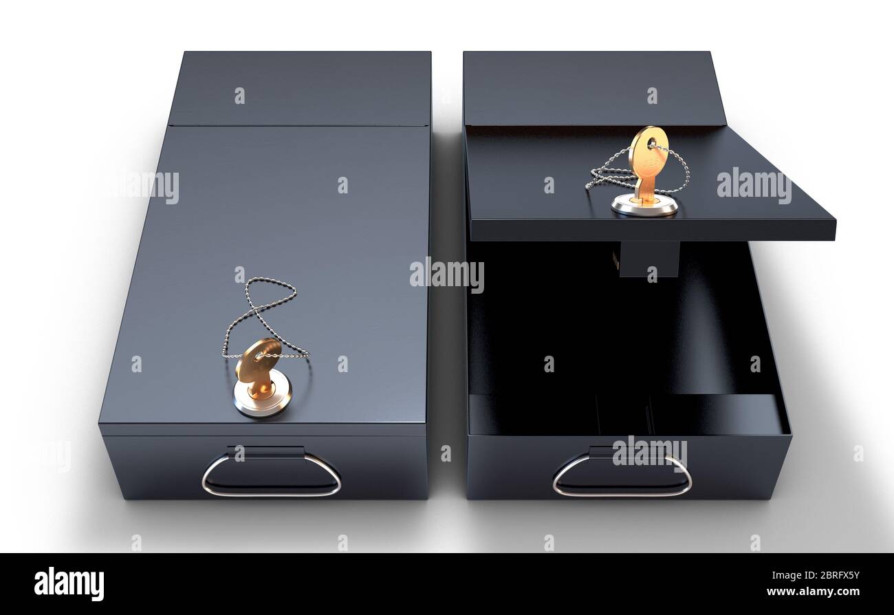 An open and closed black bank safe deposit box with a key in the ...