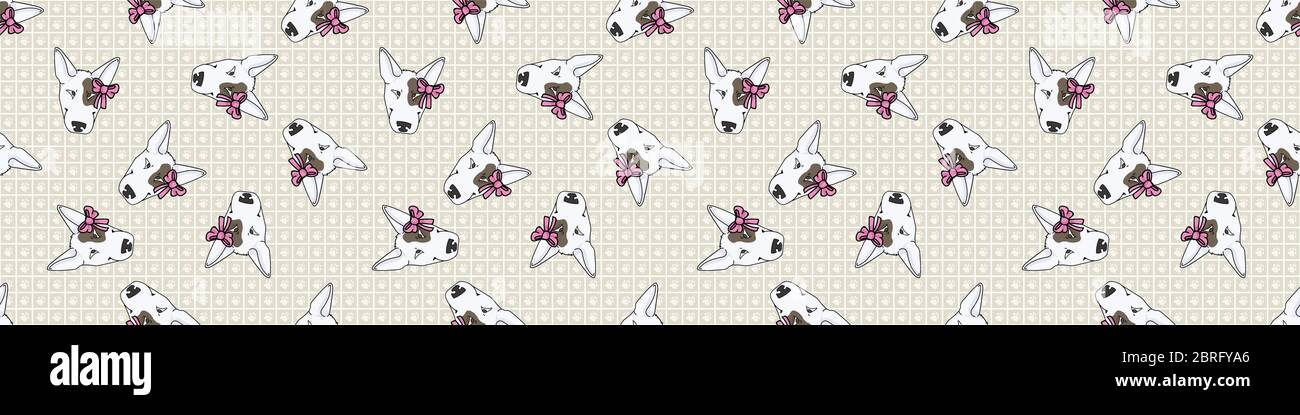 Hand drawn cute bull terrier dog face with pink bow seamless vector ...